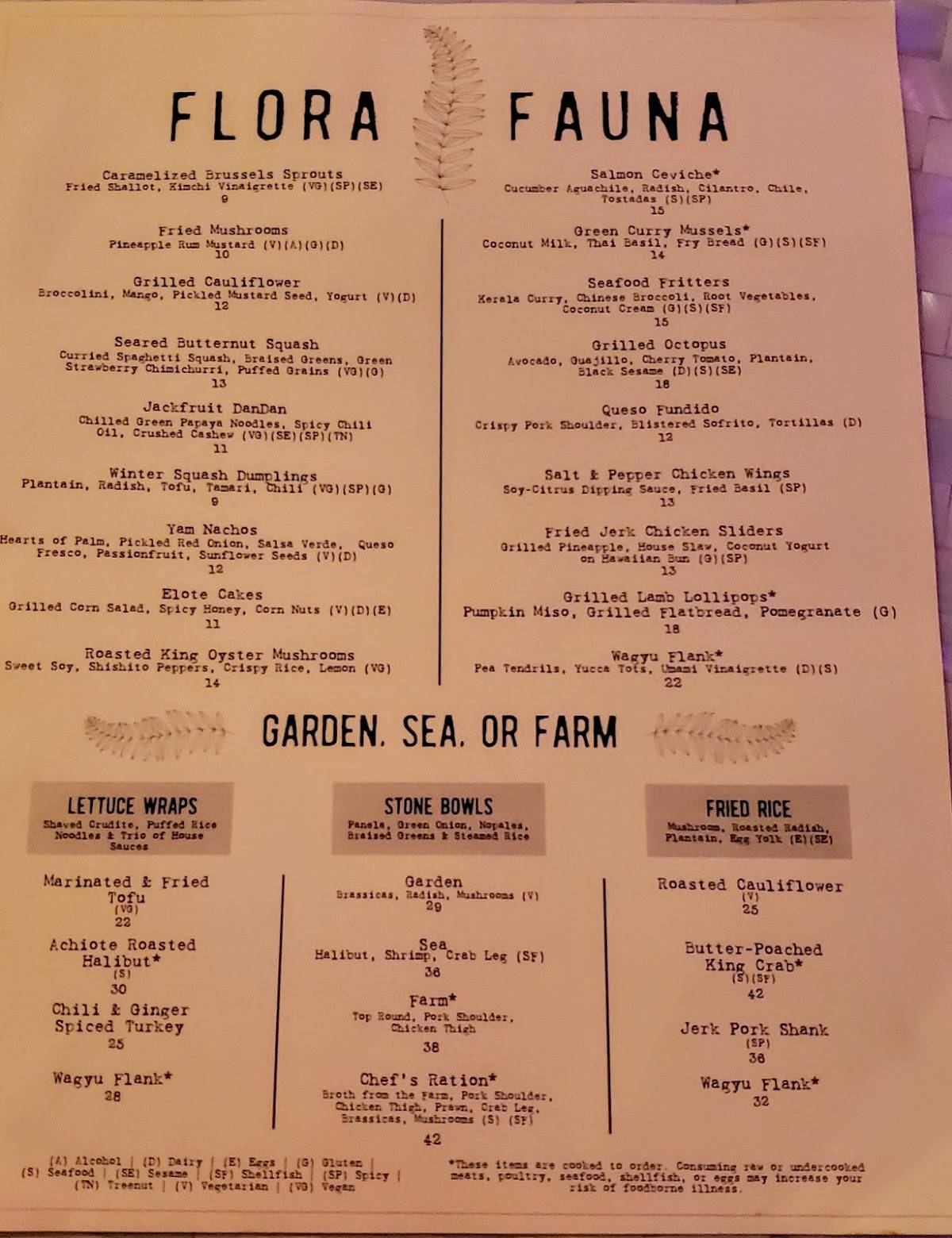 Carta del pub y bar Flora Fauna, Chicago