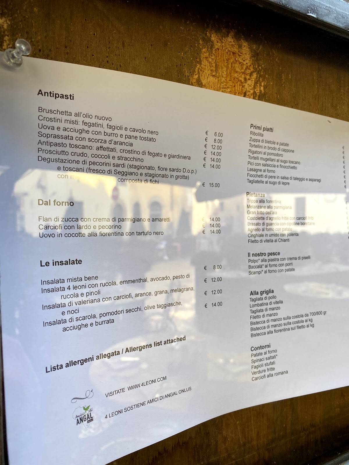 Menu at 4 Leoni pizzeria, Florence, Via dei Vellutini