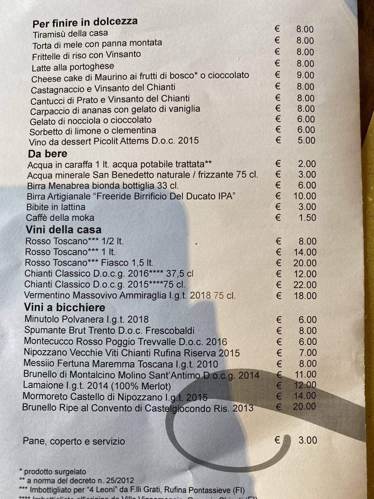 Menu at 4 Leoni pizzeria, Florence, Via dei Vellutini