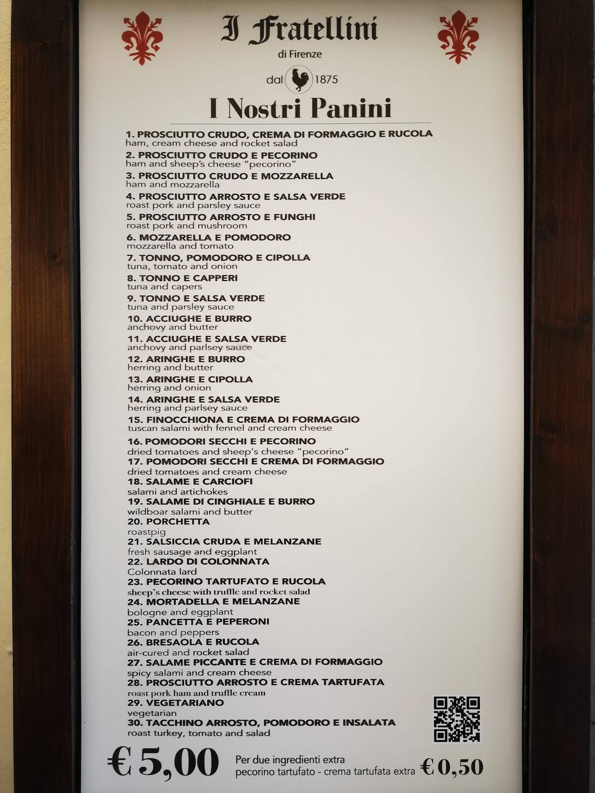 Menu da I Fratellini | Panini e Schiacciate dal 1875 pub & bar, Firenze