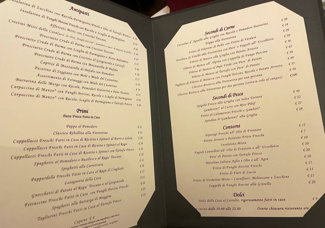 Menu at Ristorante Buca Mario, Florence