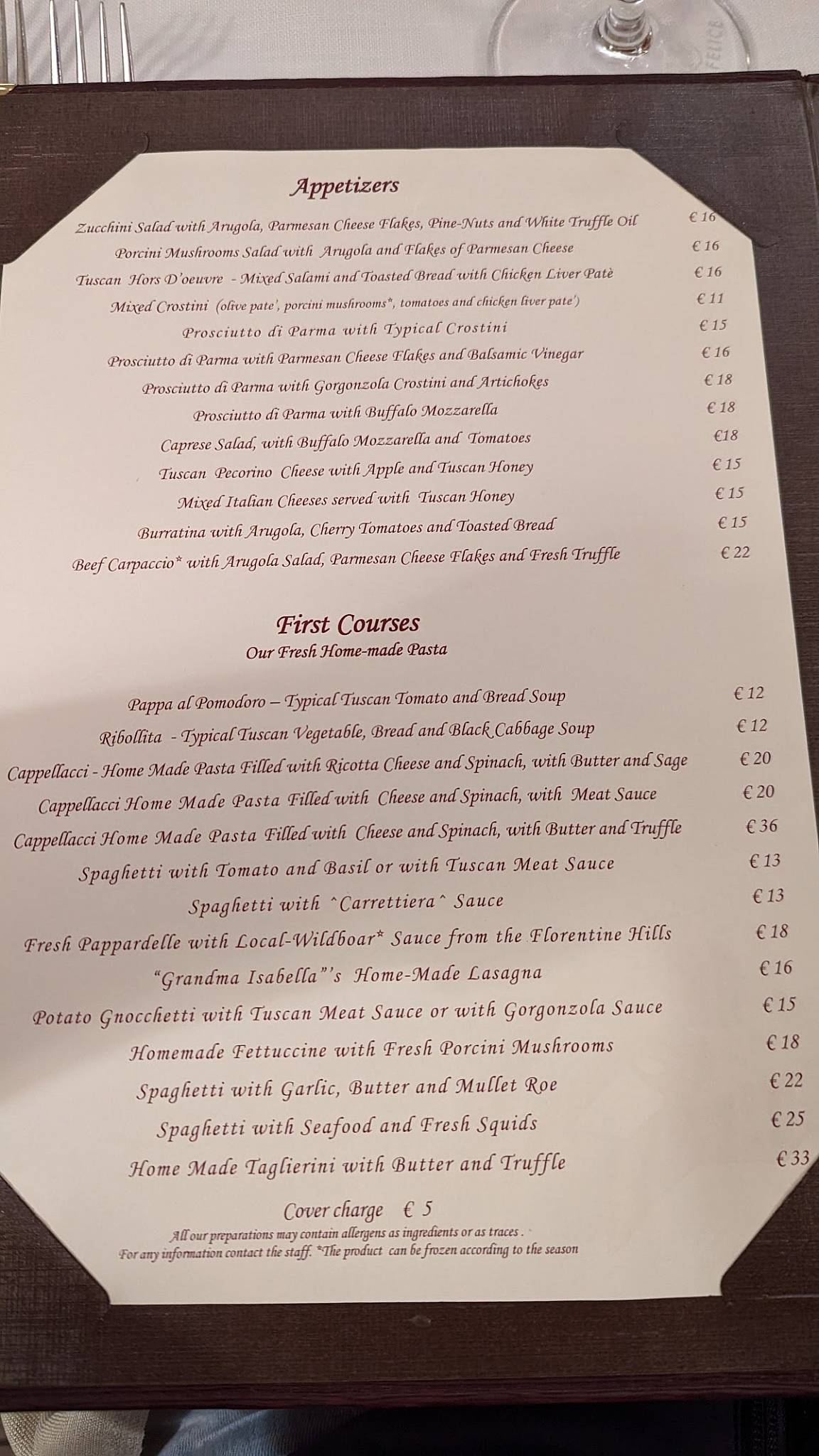 Menu at Ristorante Buca Mario, Florence