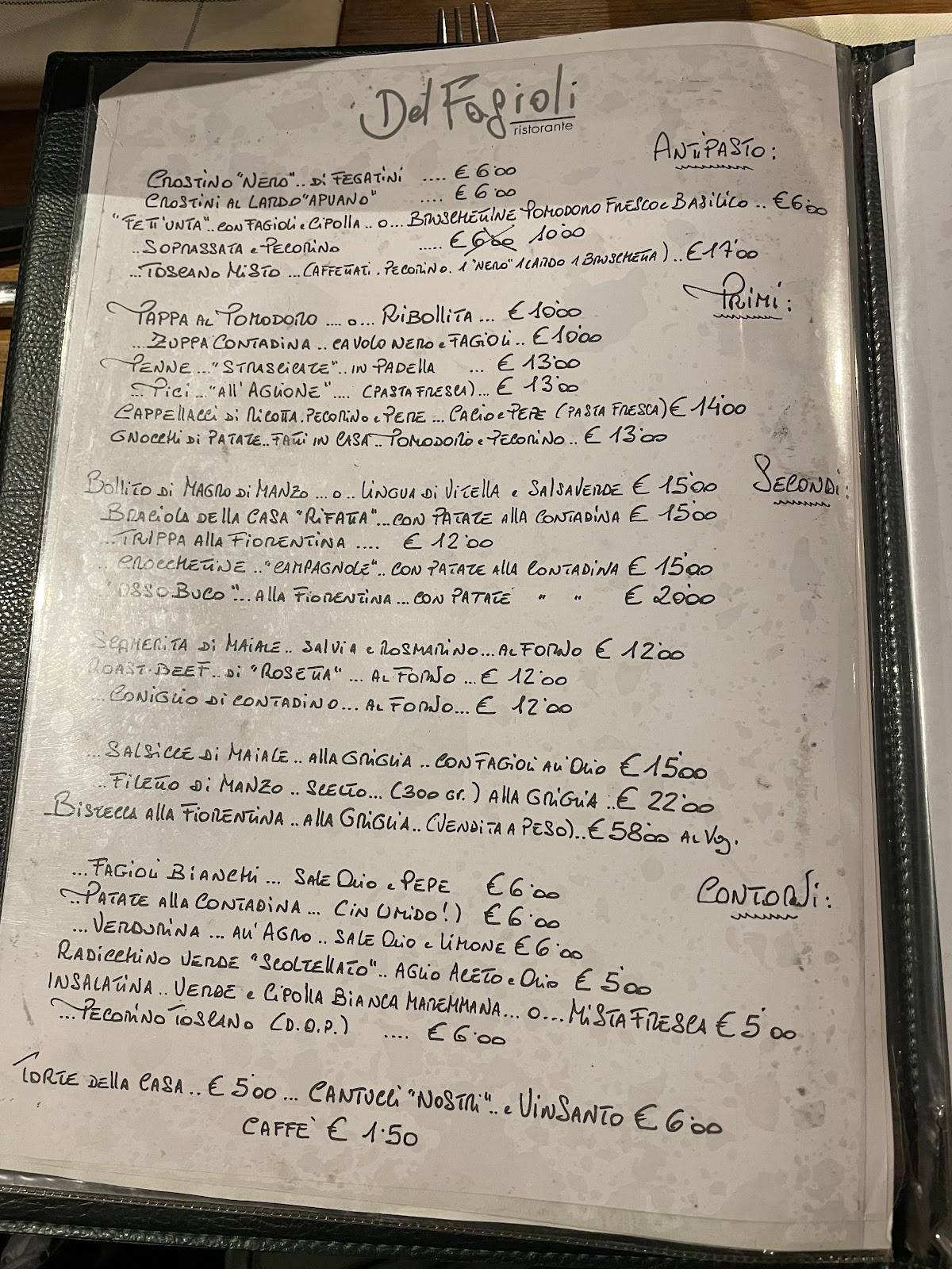 Menu da Ristorante del Fagioli, Firenze, Corso dei Tintori