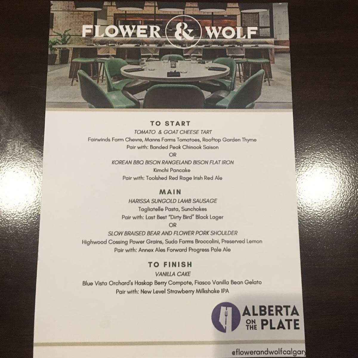 Menu at Flower and Wolf Calgary restaurant, Calgary