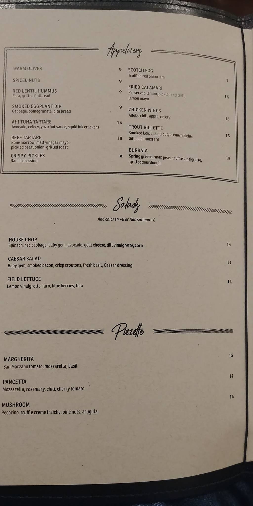 Menu at Flower and Wolf Calgary restaurant, Calgary