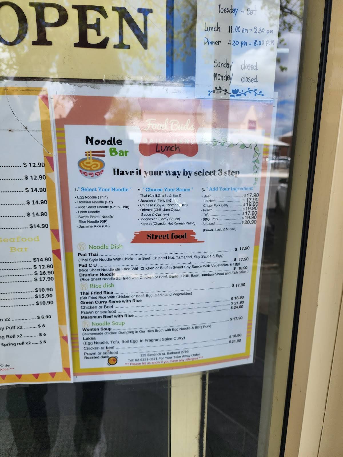 Menu at Food Buds Restaurant, Bathurst, 125 Bentinck St