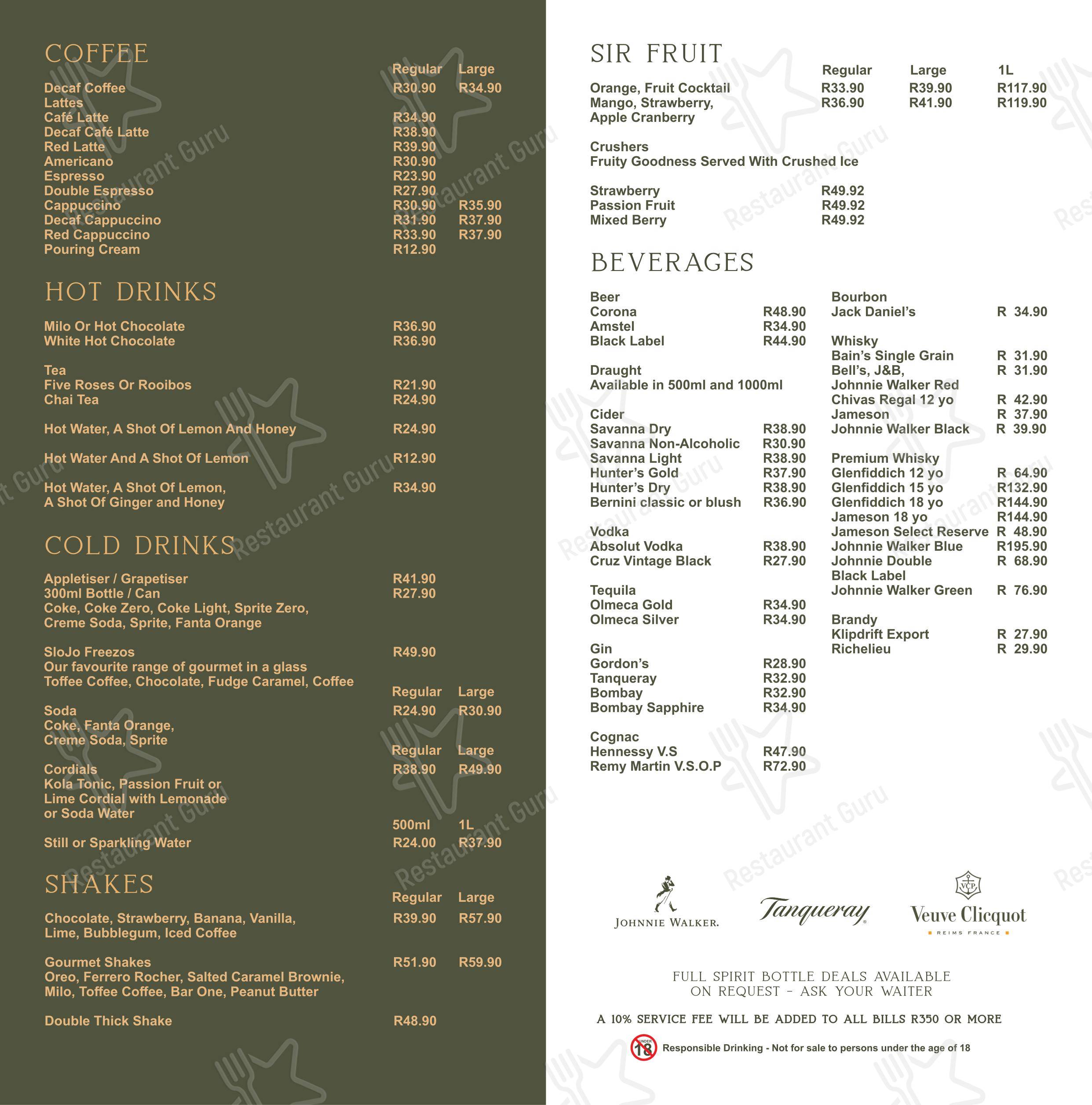 Menu at Food Chain Kolonnade restaurant, Pretoria
