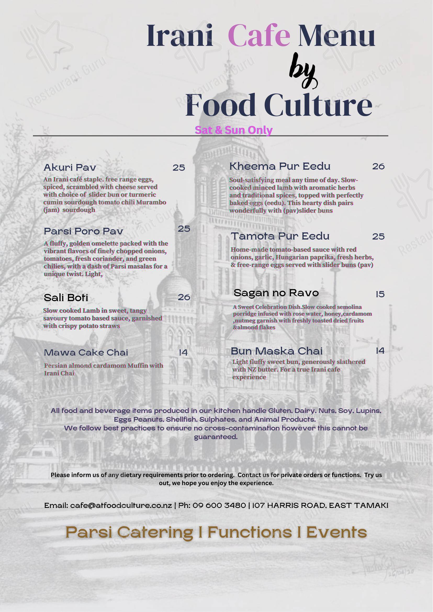 Carta de Food Culture Cafe, Auckland