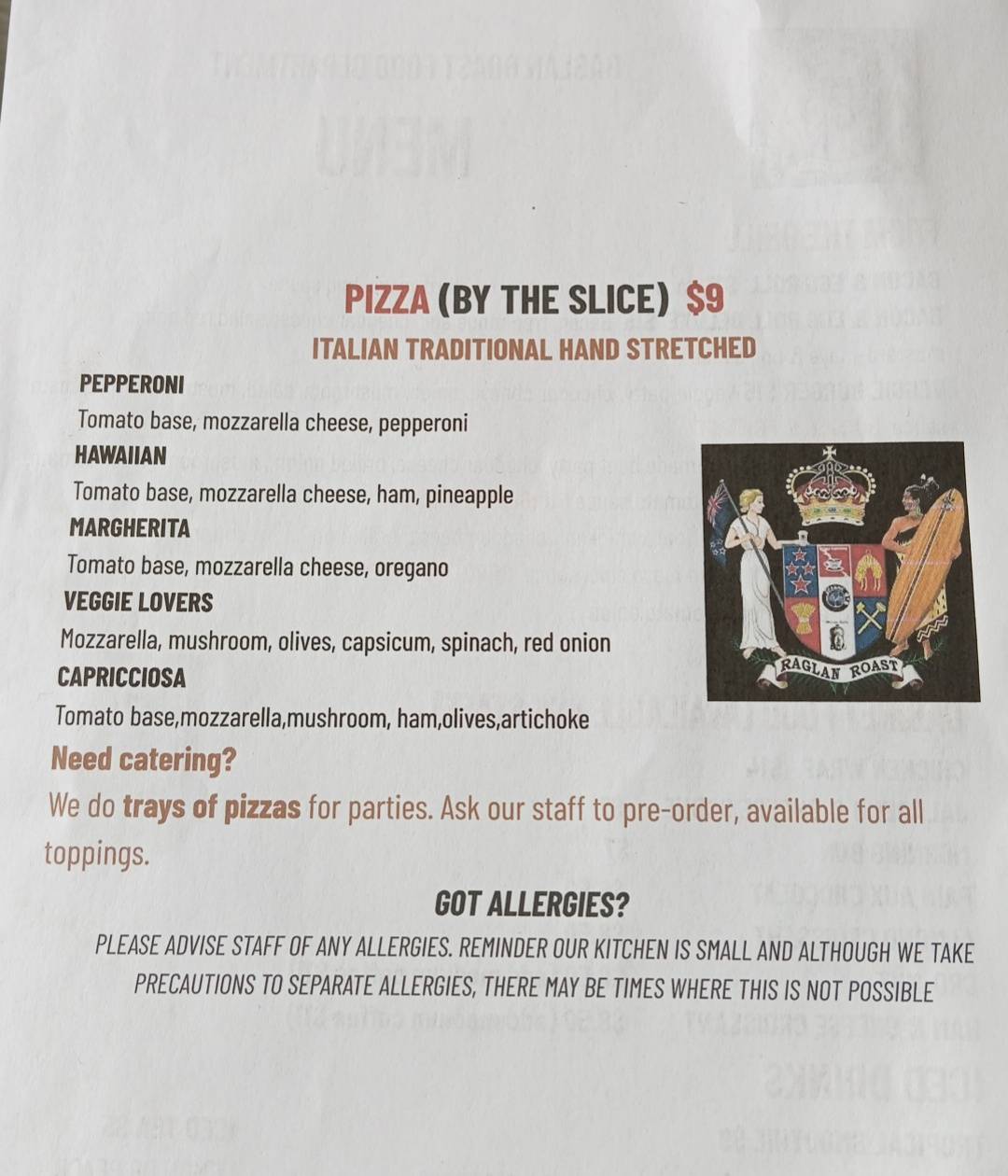 Menu at Raglan Roast Food Department cafe, Raglan