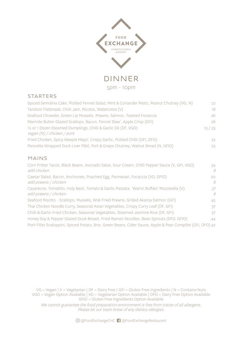 Menu at Food Exchange restaurant, Christchurch