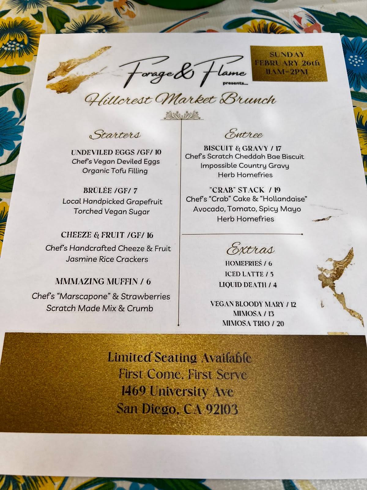 Menu at Forage and Flame restaurant, San Diego