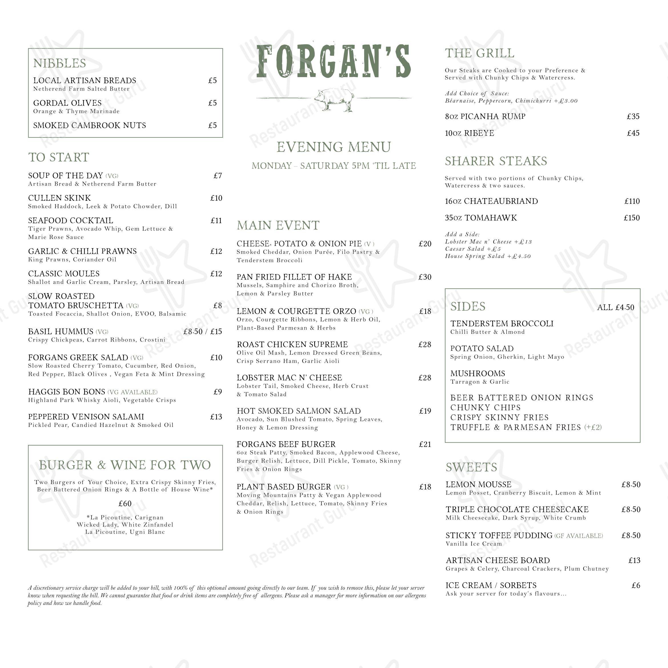 Menu at Forgan's St Andrews restaurant, Saint Andrews