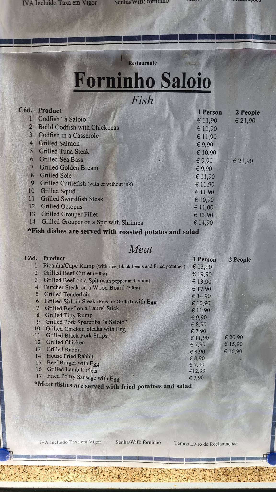 Menu at Forninho Saloio restaurant, Lisbon
