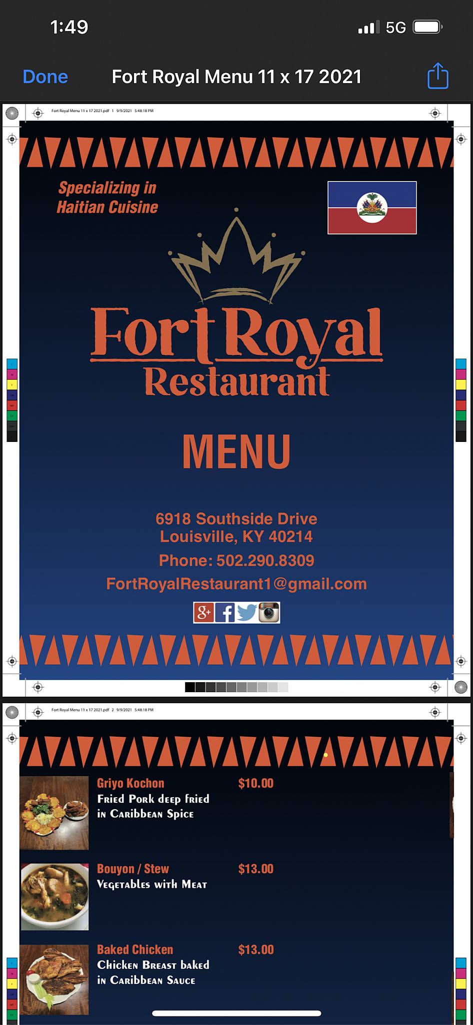 Menu at Fort Royal Restaurant, Louisville