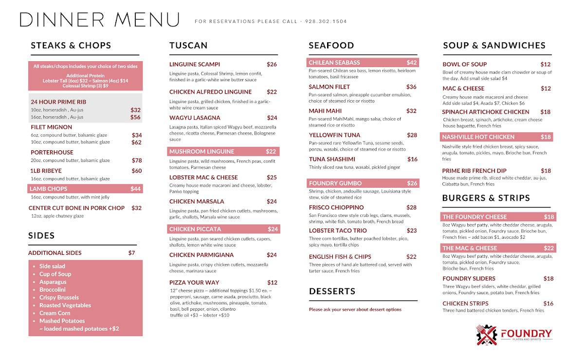 Menu at Foundry restaurant, Lake Havasu City