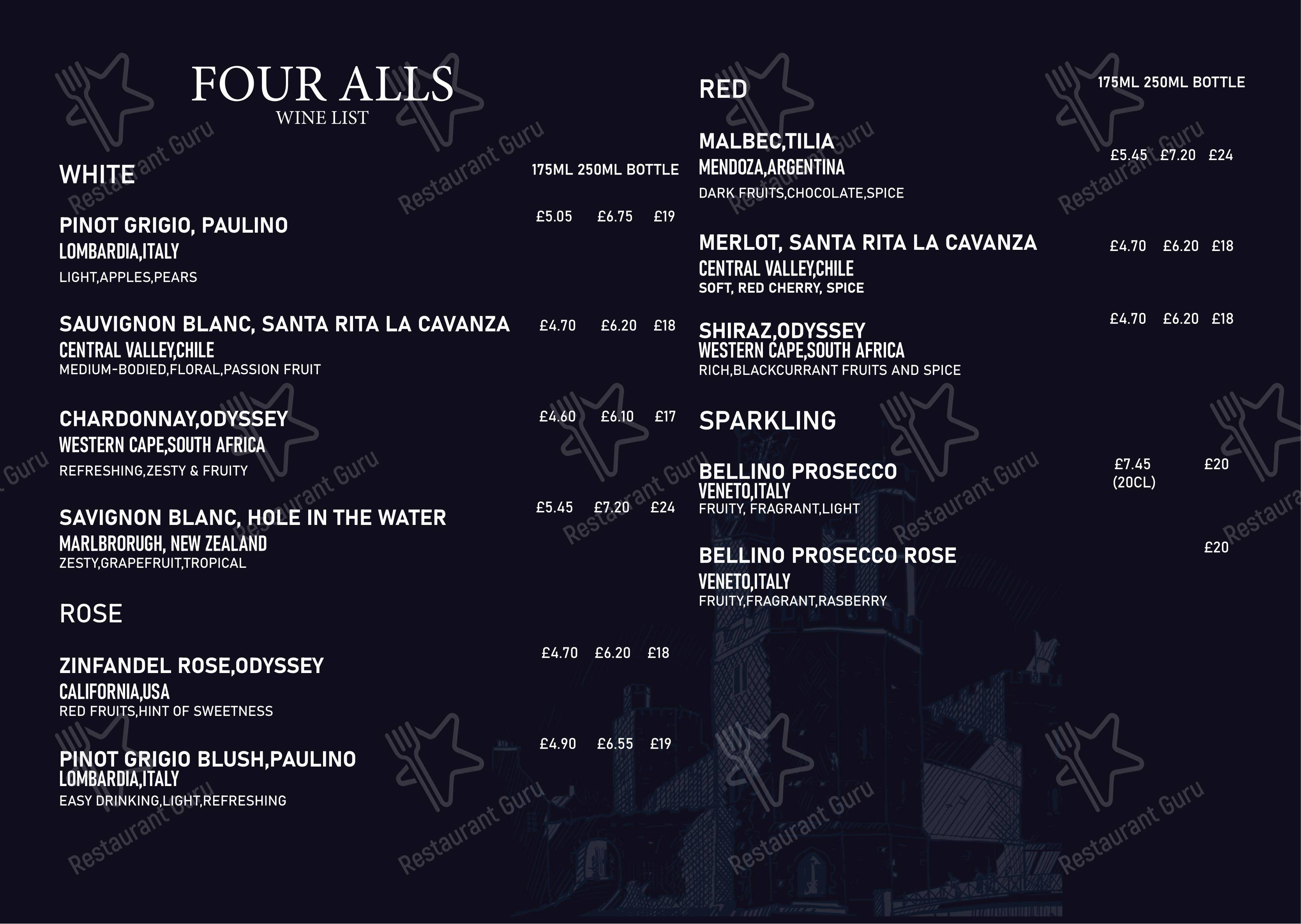 Menu at Four Alls pub & bar, Caernarfon, 6 Hole in the Wall St