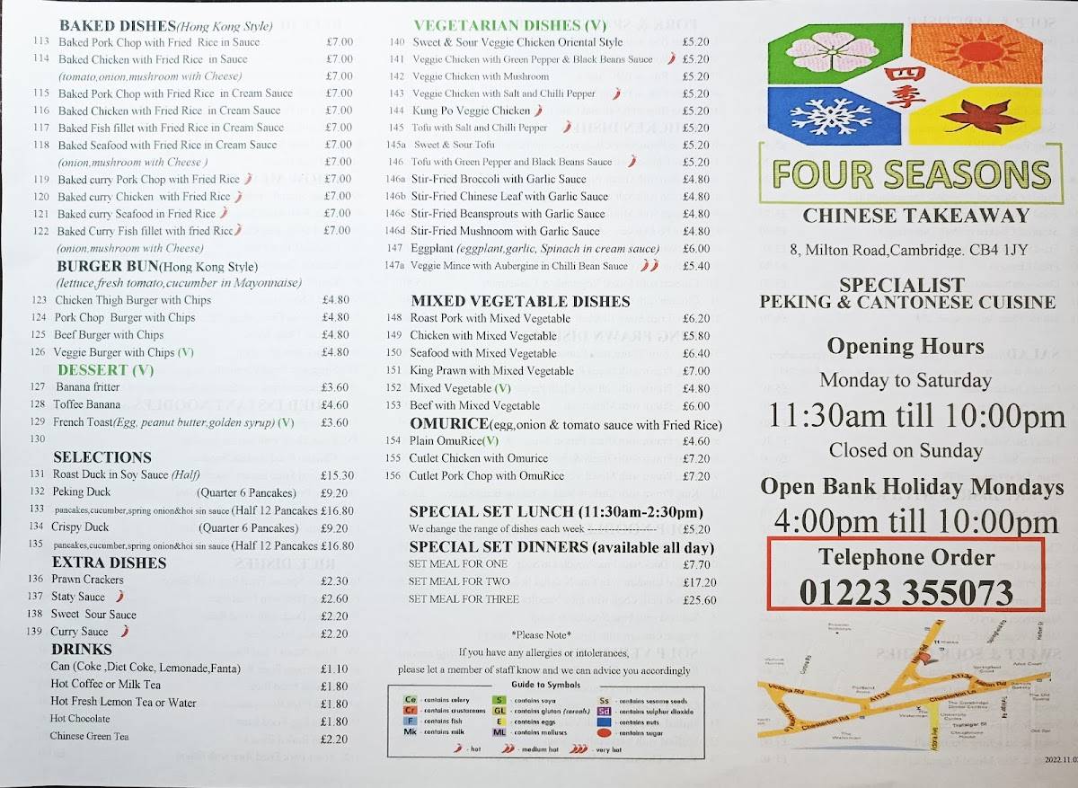 Menu at Four Seasons fast food, Cambridge