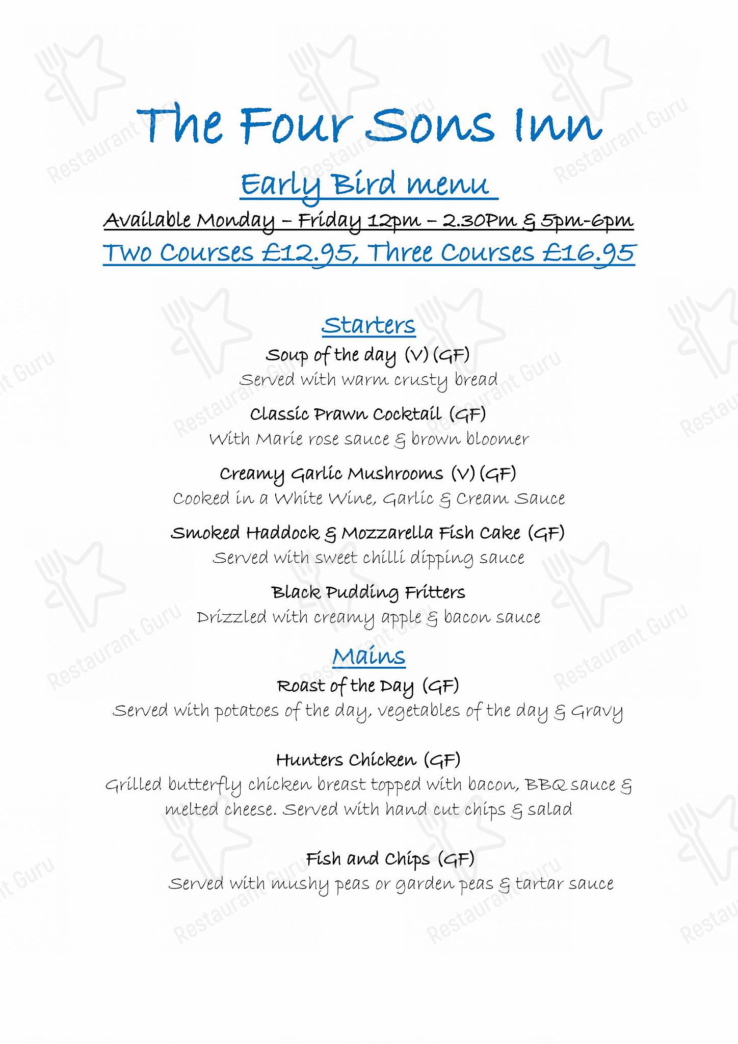 Menu at The Four Sons Inn pub & bar, Huddersfield