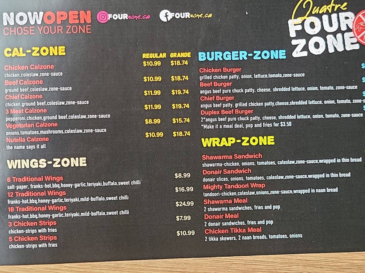 Menu at Four Zone restaurant, Toronto