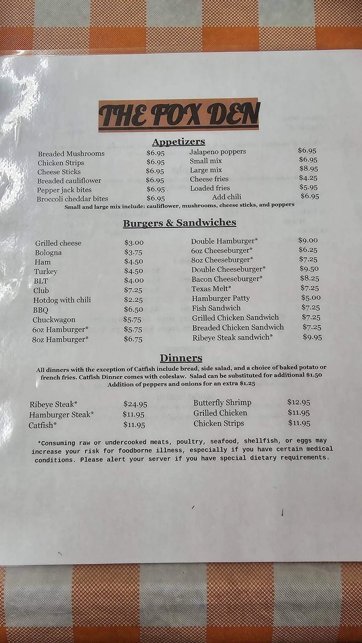 Menu at Fox Den restaurant, Del Rio, 790 TN-107