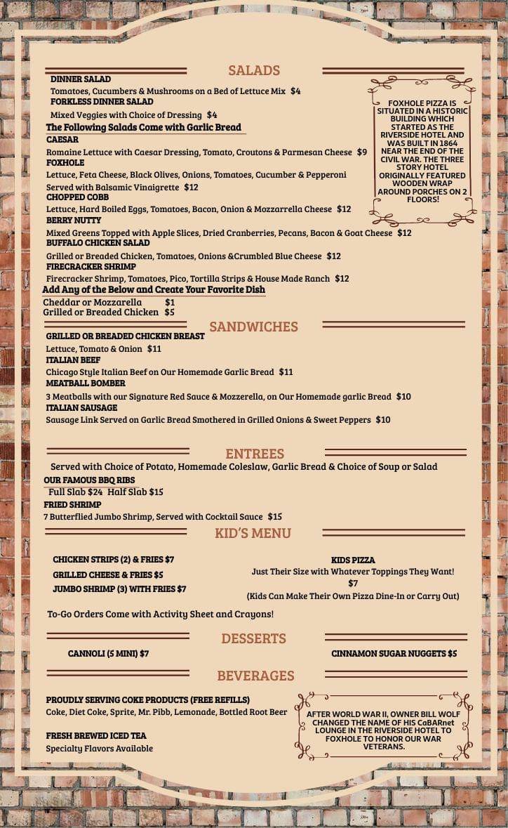 Menu at Fox Hole Tap & Pizzeria, McHenry