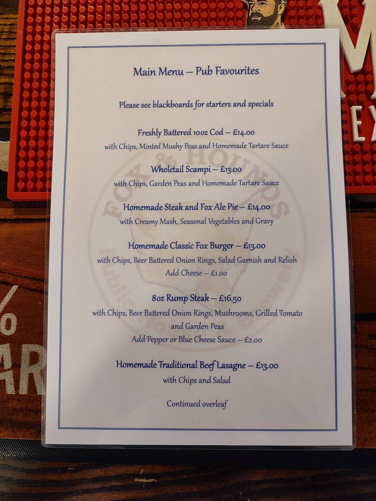 Menu at Fox and Hounds pub & bar, Heacham, 22 Station Rd