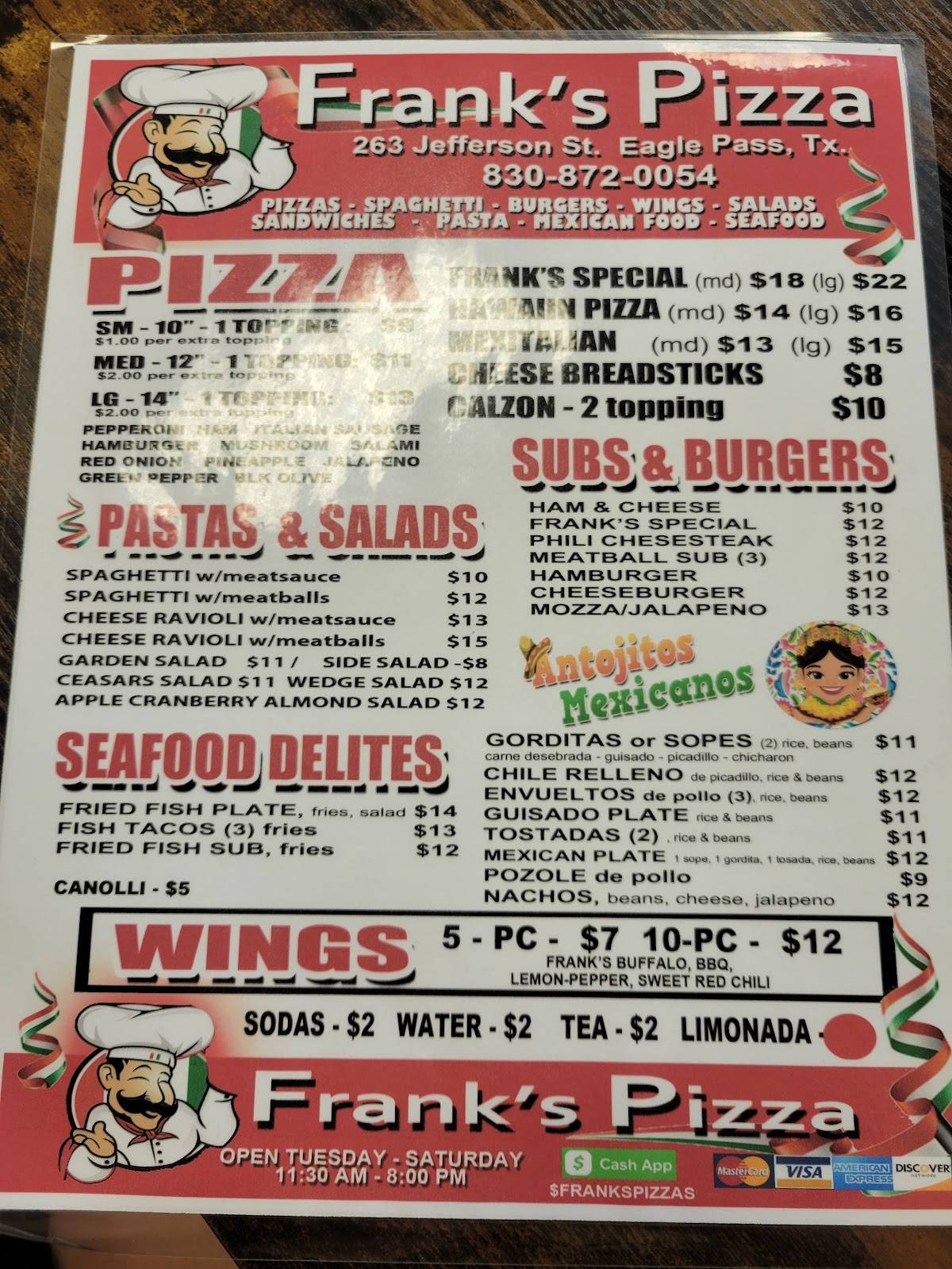 Menu at Frank's Pizza restaurant, Eagle Pass