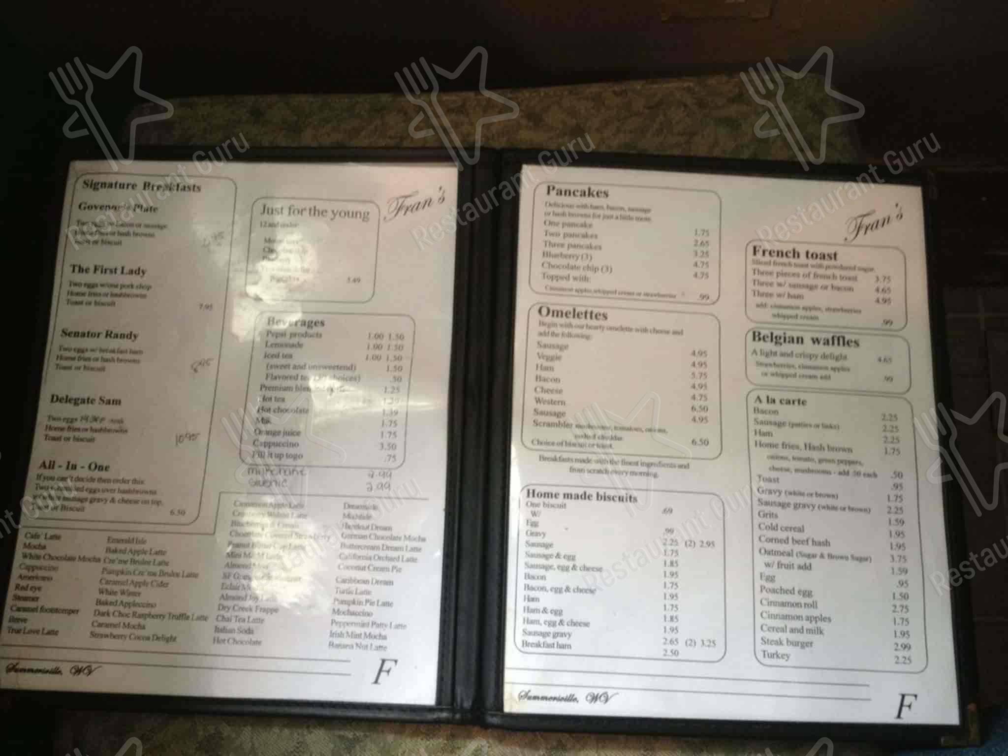 Menu at Fran's Family Restaurant, Summersville