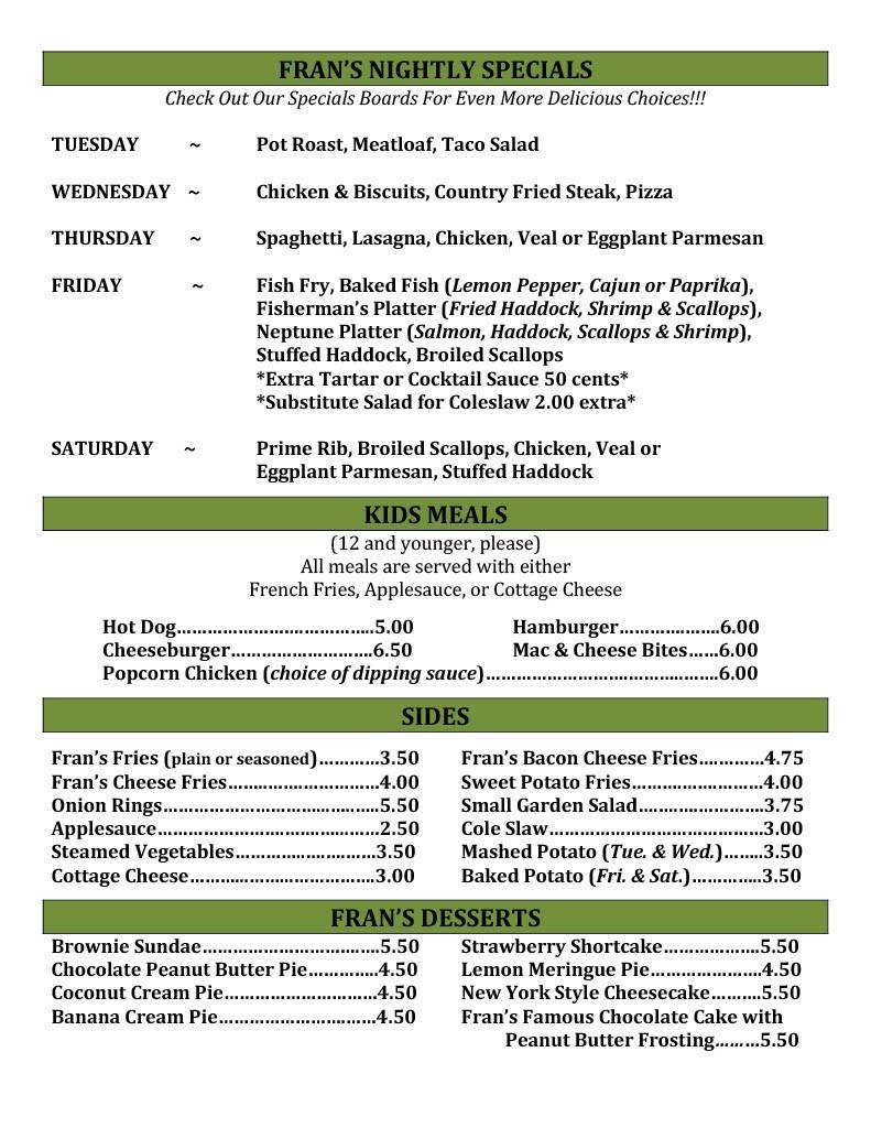 Menu at Frans Landing pub & bar, Gang Mills, 996 Addison Rd