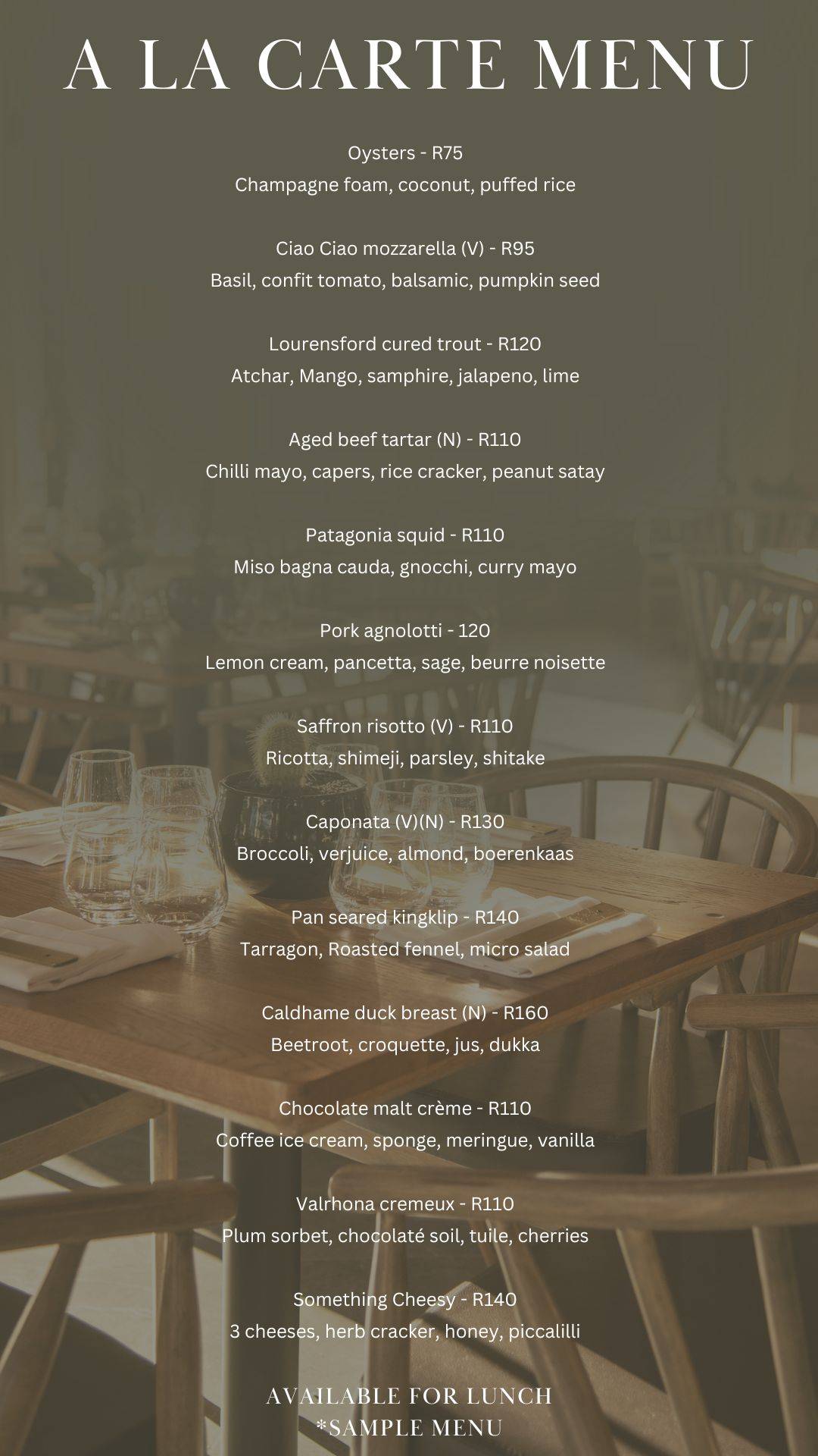 Menu at Eleven restaurant, Franschhoek