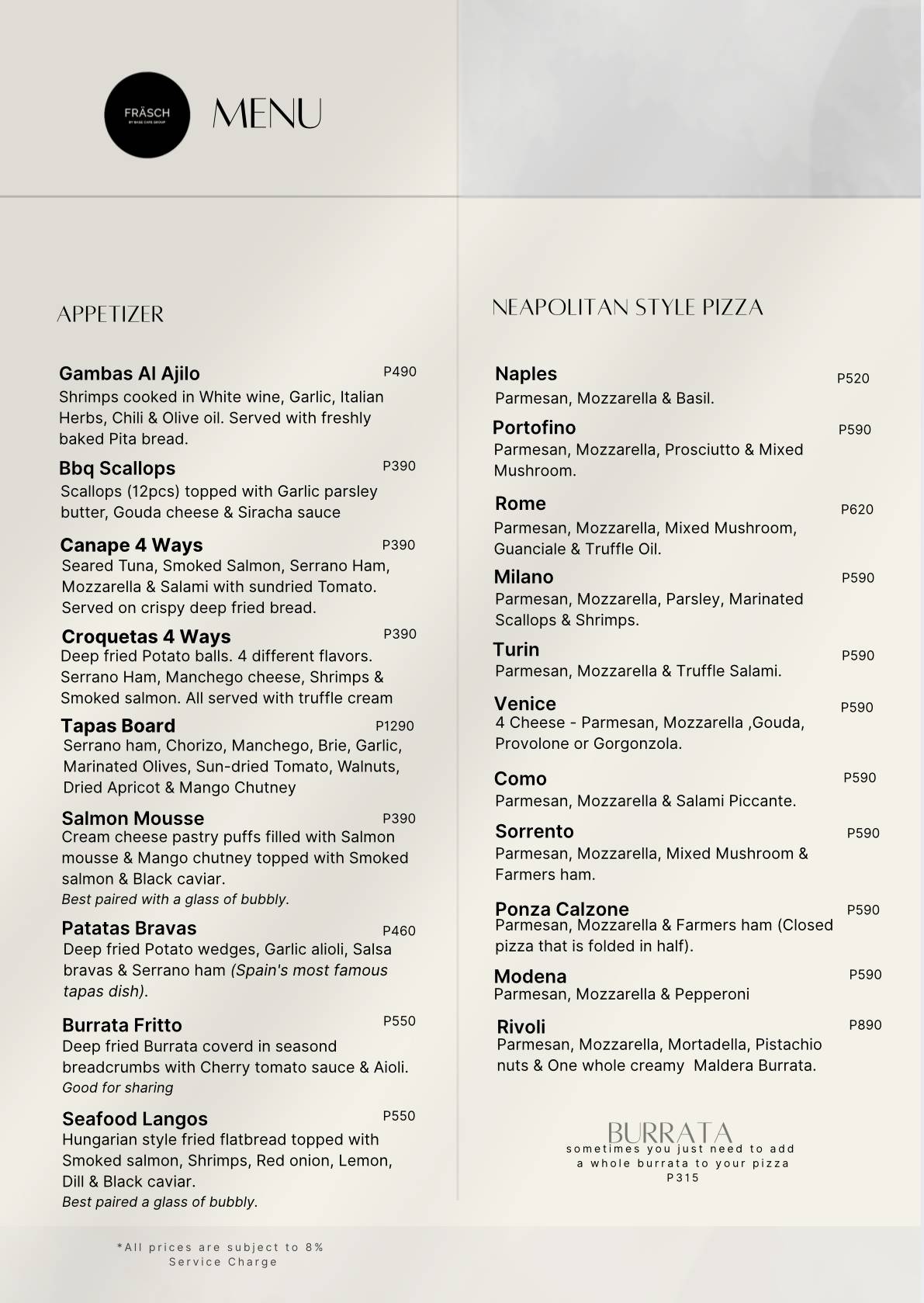 Menu at Frasch restaurant, Lipa