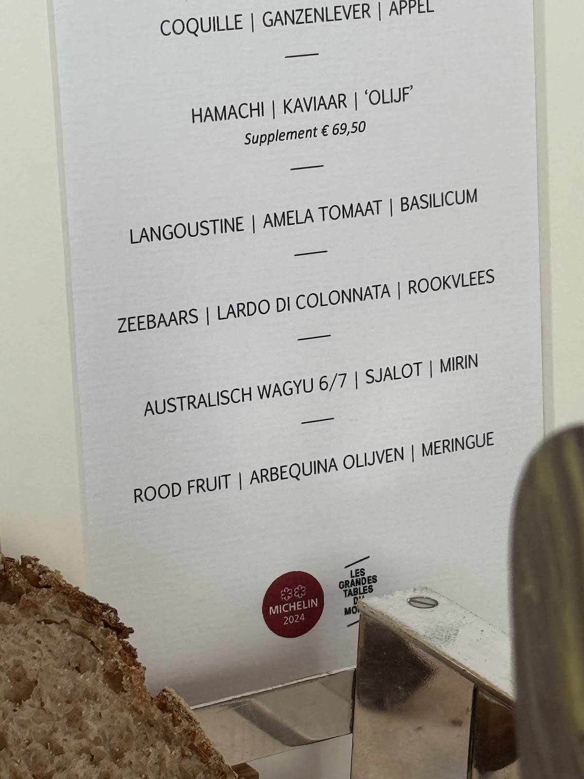 Menu at Fred restaurant, Rotterdam, Boompjes 41