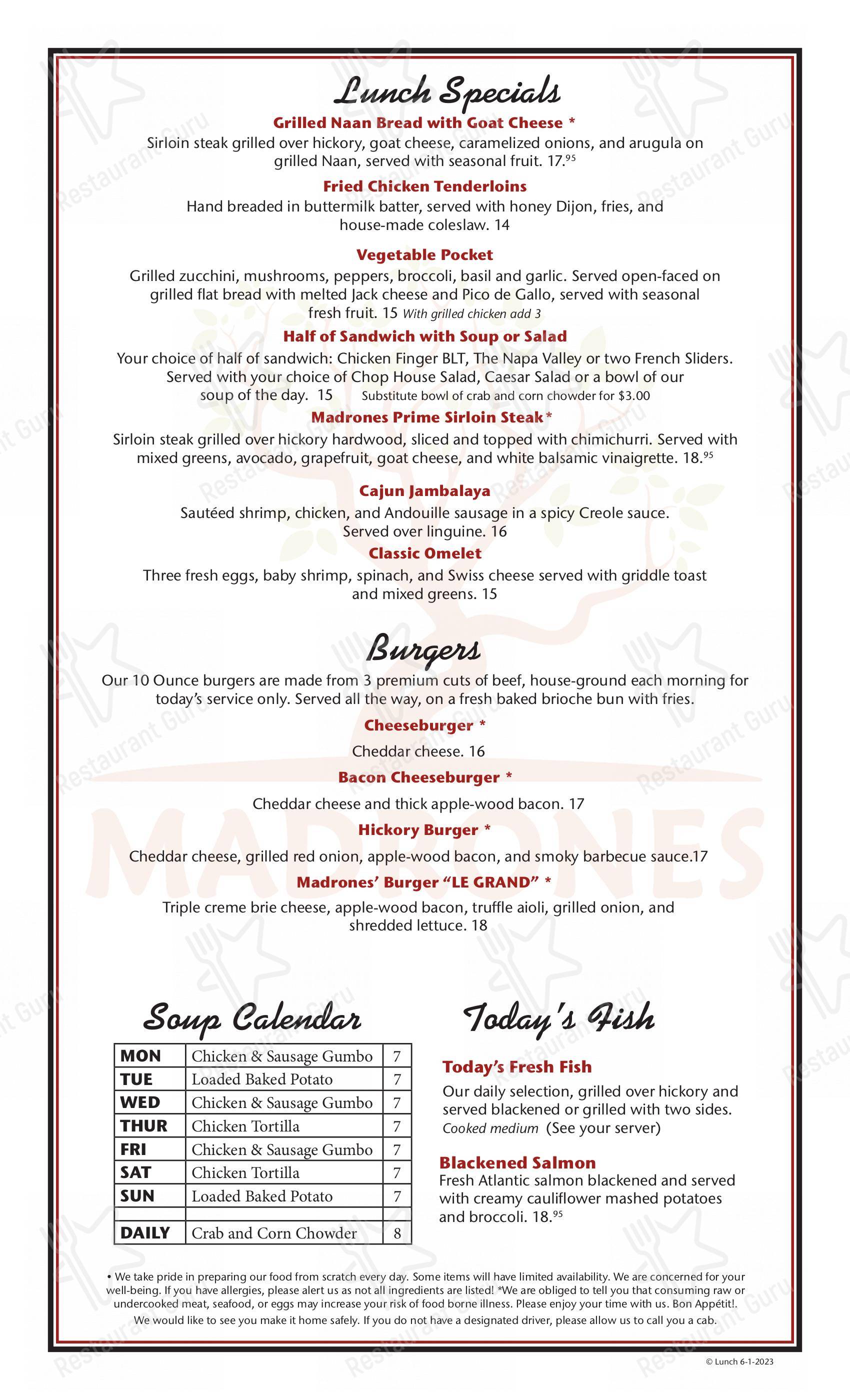 Menu at Madrones pub & bar, Frederick, Wormans Mill Rd
