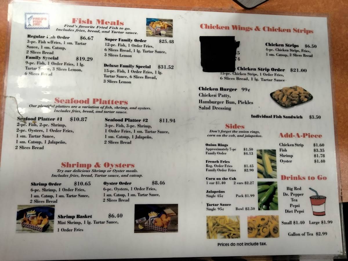 Menu at Fred's Fish Fry restaurant, San Antonio, Castroville Rd