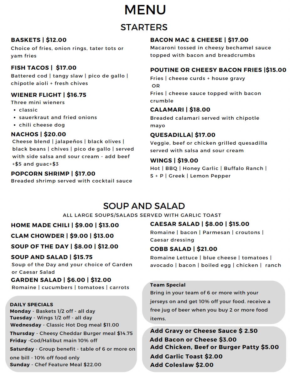 Menu at French Creek Pub, Parksville