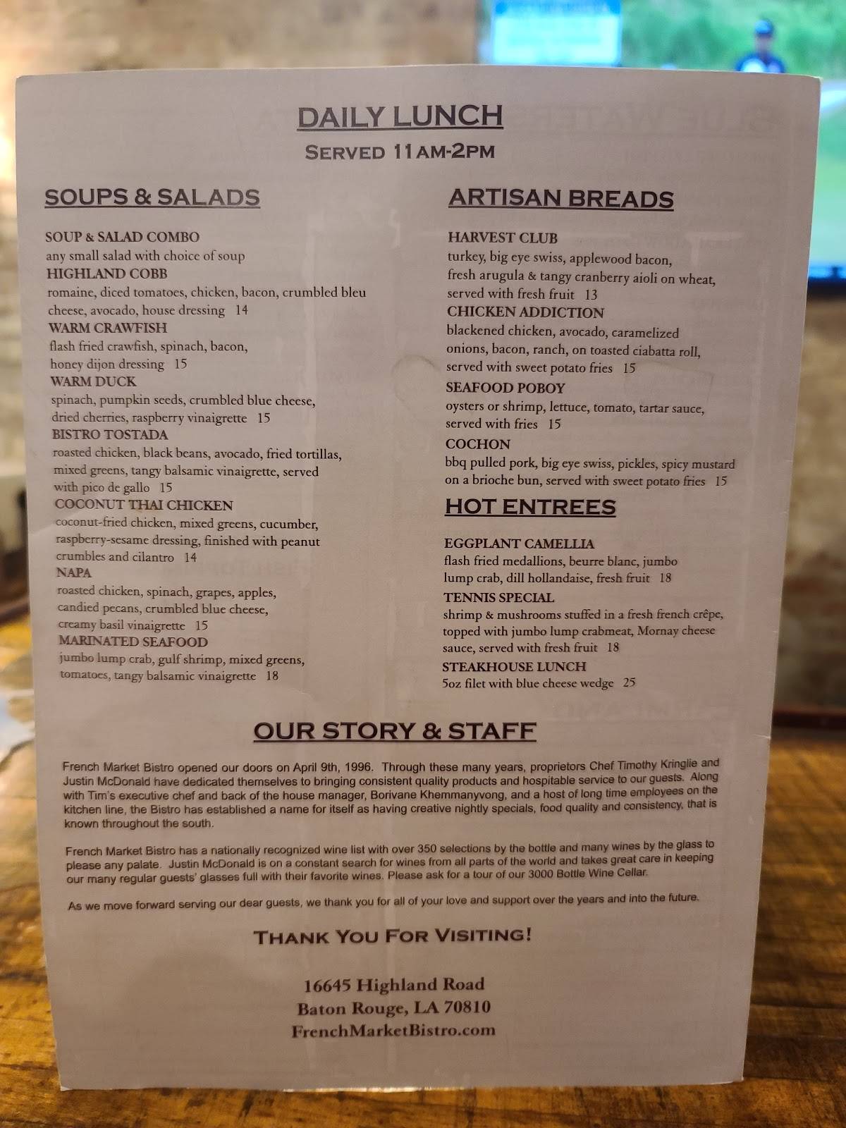 Menu at French Market Bistro pub & bar, Baton Rouge, Highland Rd