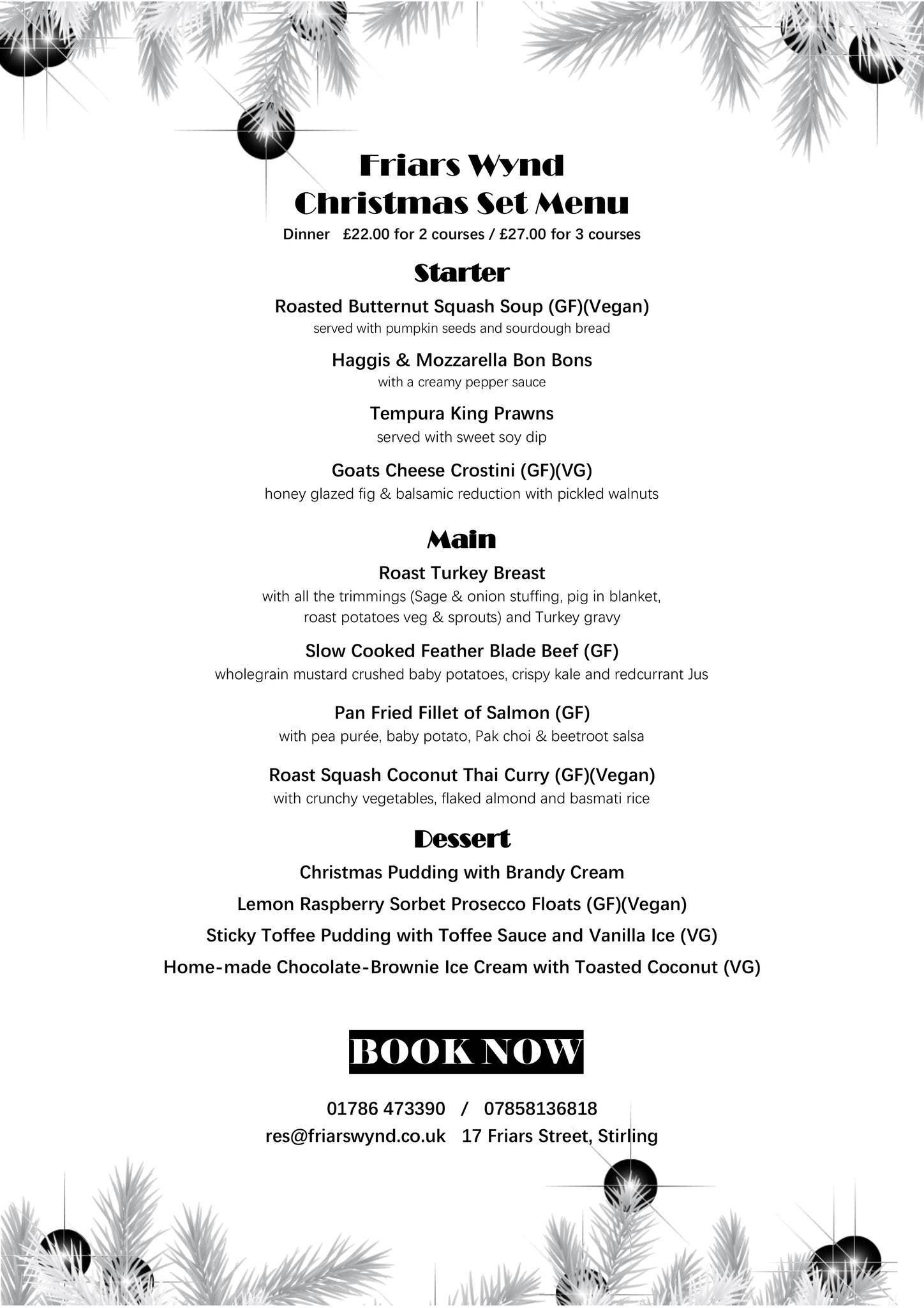 Menu at Friars Wynd Hotel pub & bar, Stirling