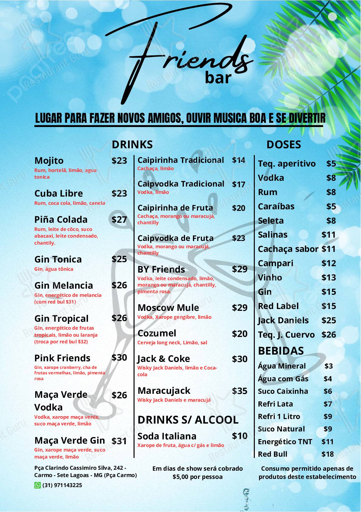 Menu em Friends Bar, Sete Lagoas