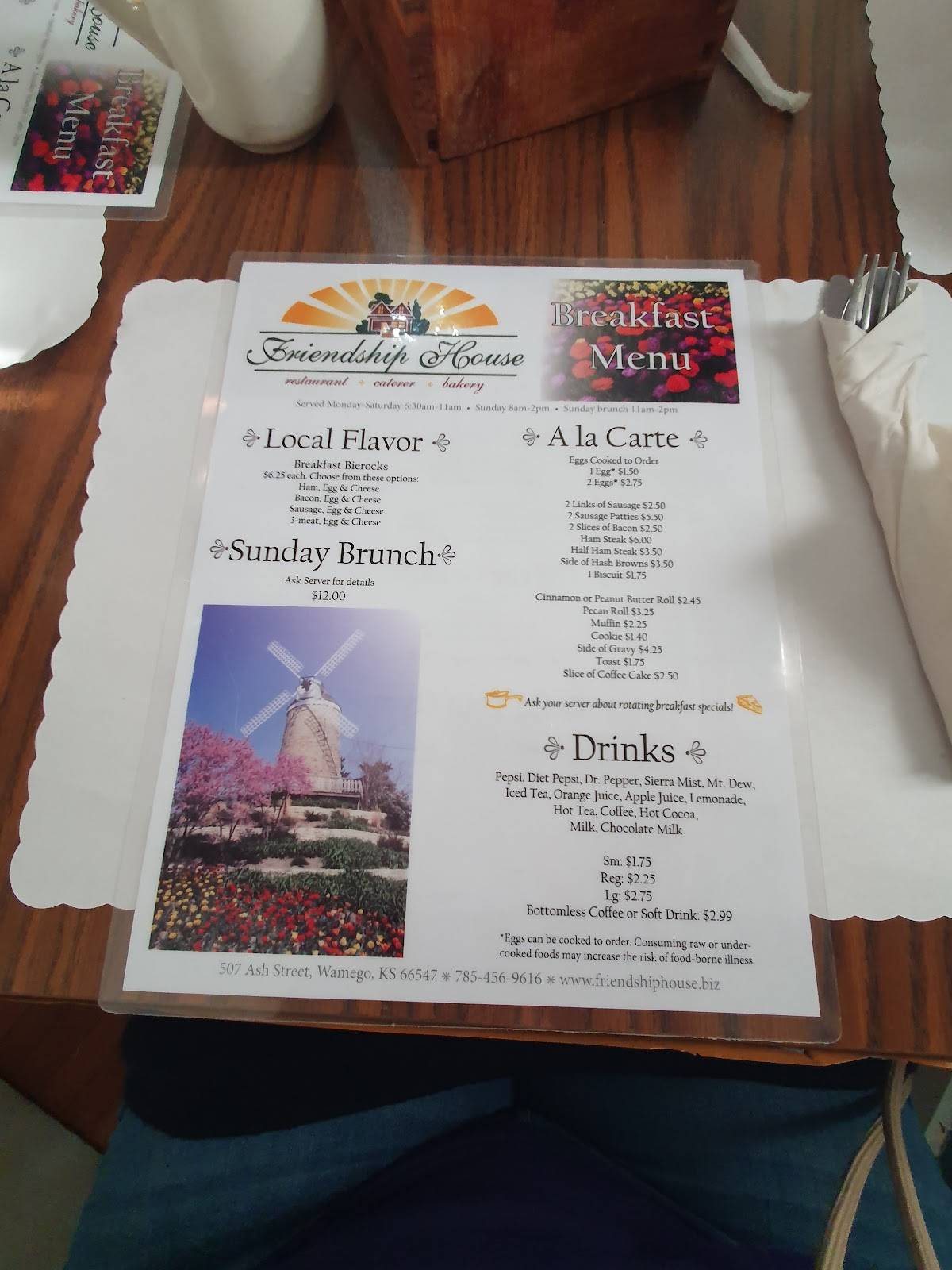 Menu at Friendship House restaurant, Wamego