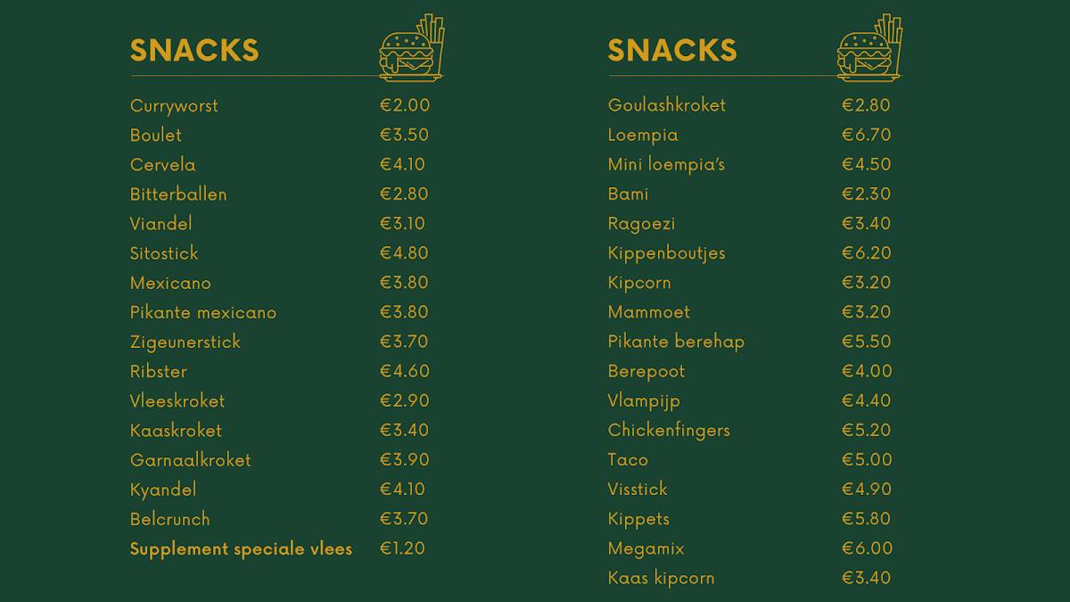 Menu at Frituur 't Kockske, Lier