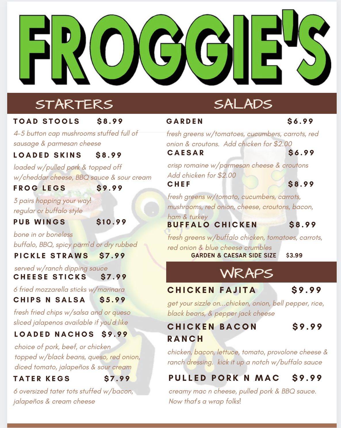 Menu at Froggie's Bar and Grill, Bloomfield