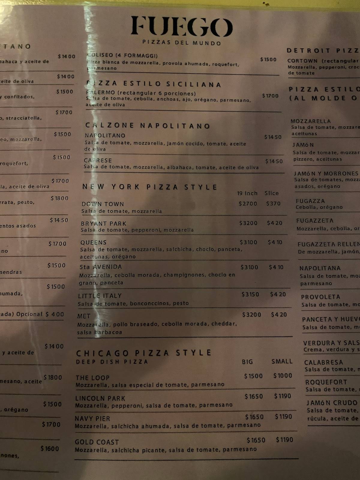 Carta del restaurante Fuego Pizzas del Mundo, Buenos Aires