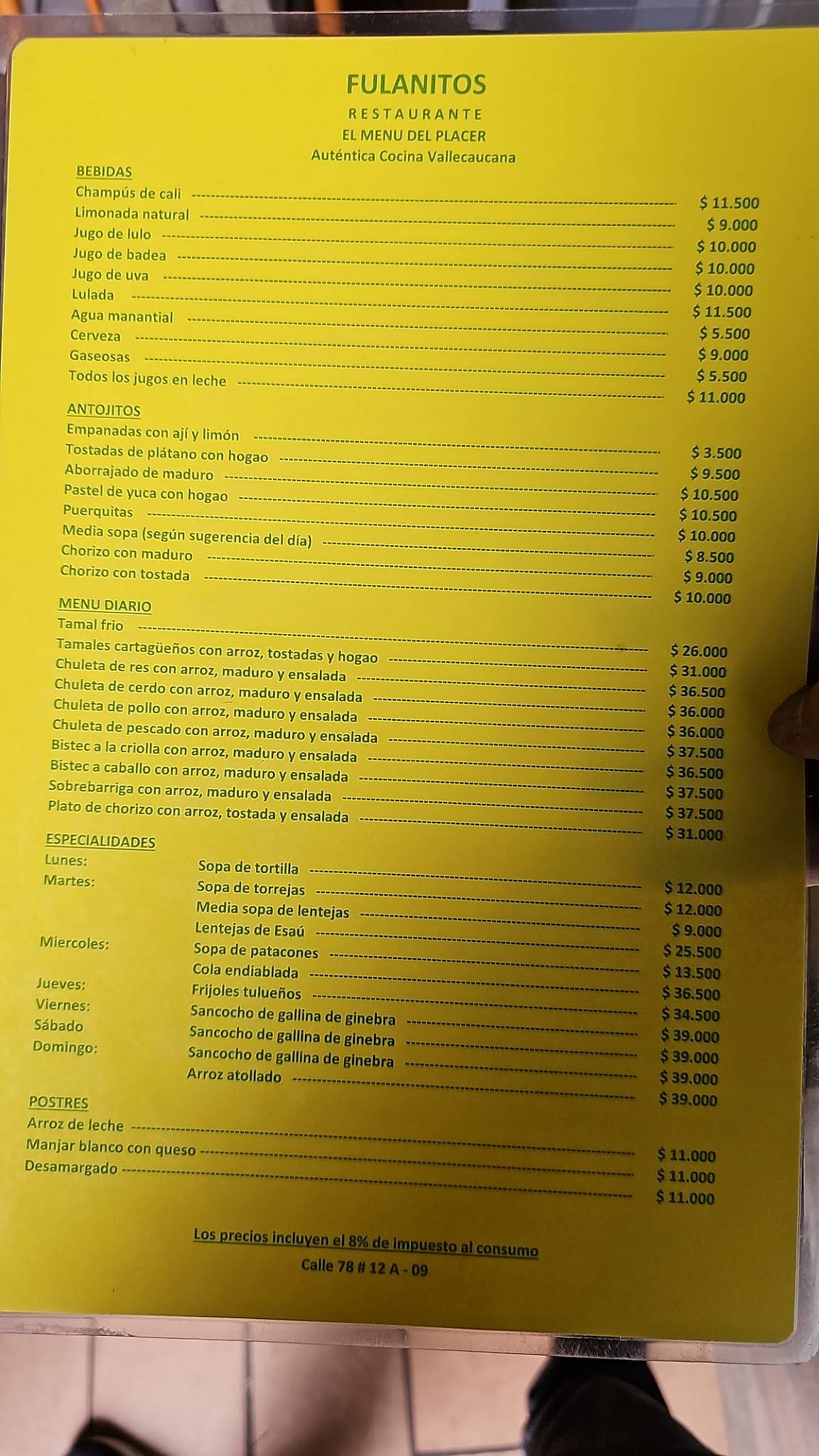 Carta del restaurante Fulanitos calle 81, Bogotá, Cl. 78 #12A-09