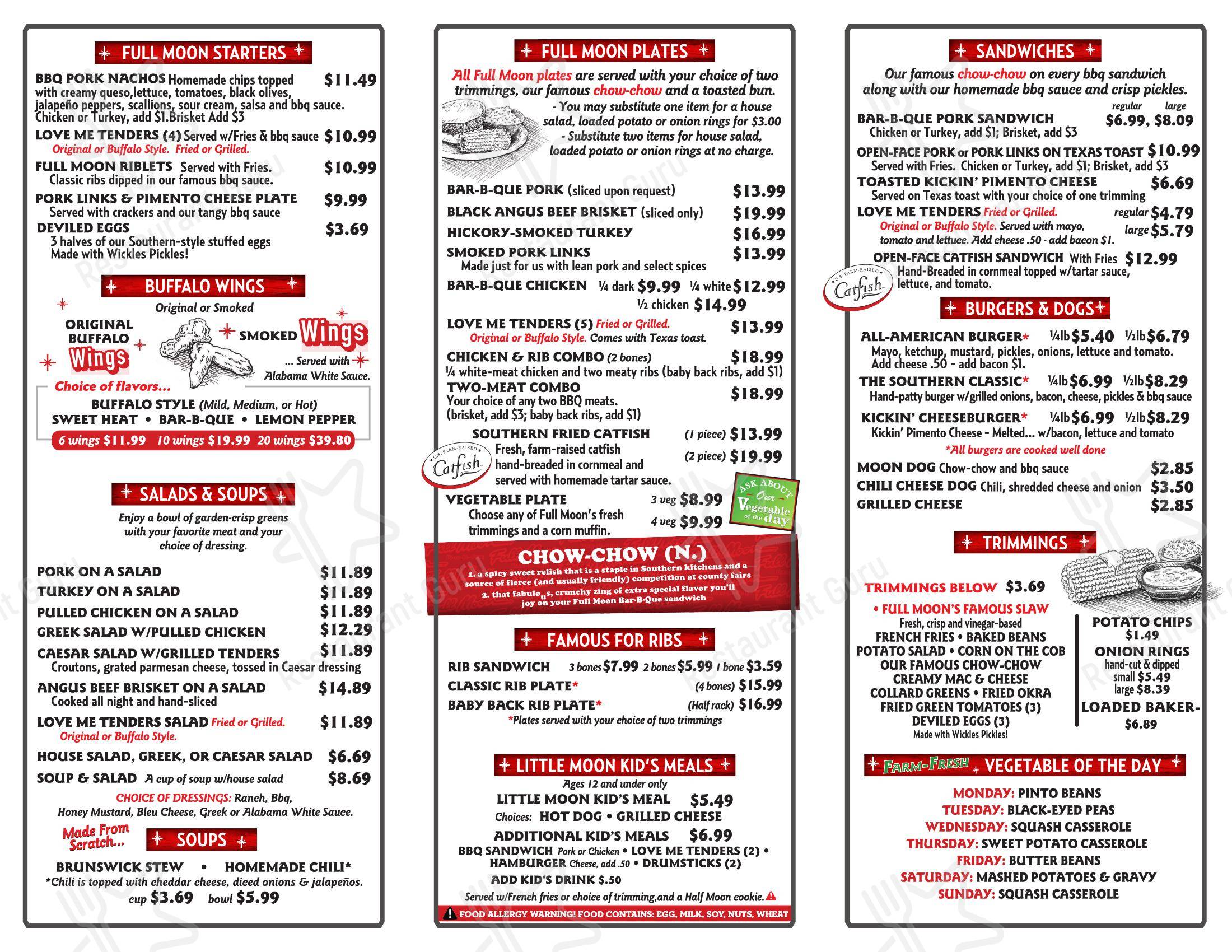 Menu at Full Moon Bar-B-Que, Alabaster, 470 Colonial Promenade Pkwy