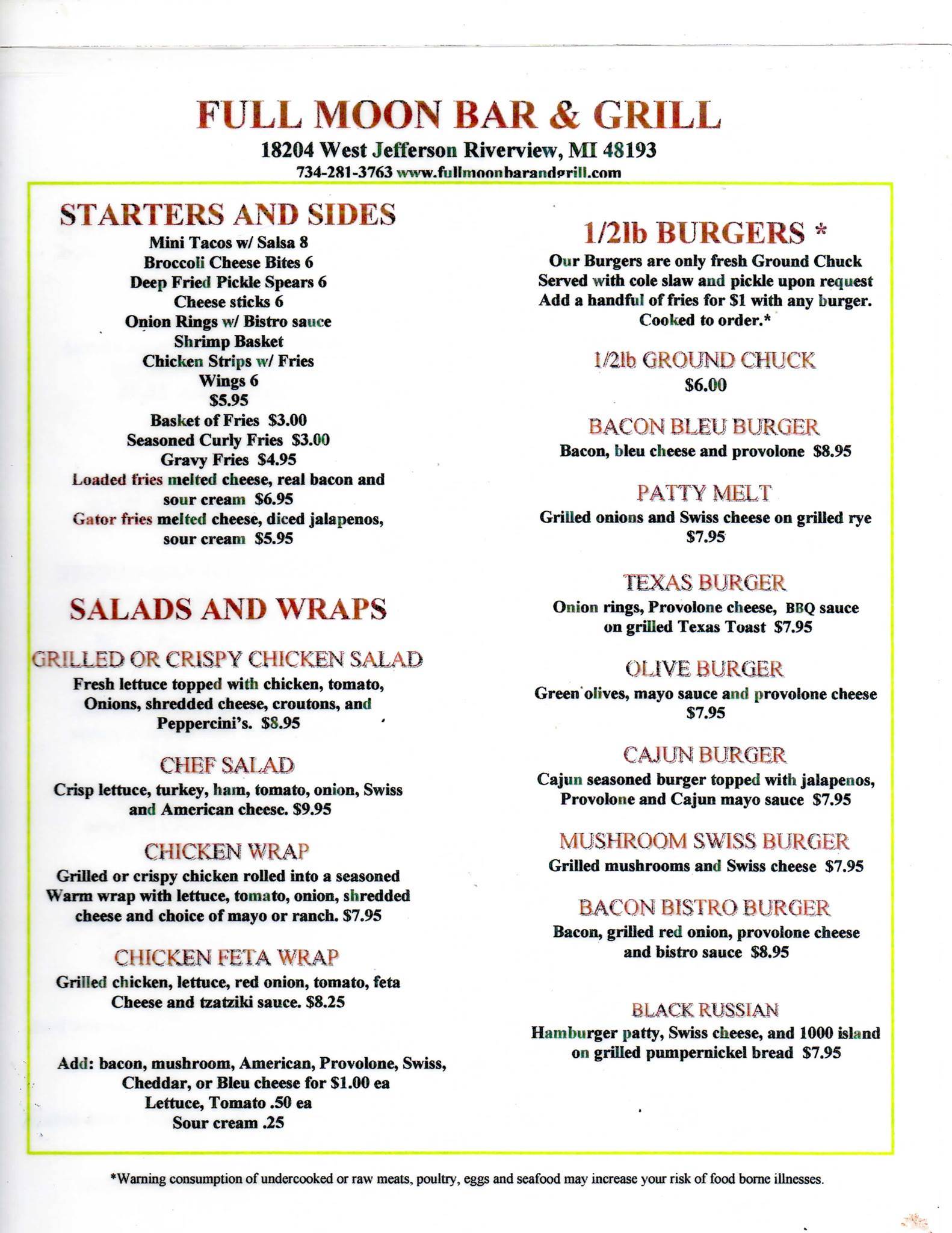 Menu at Full Moon Bar & Grill, Riverview
