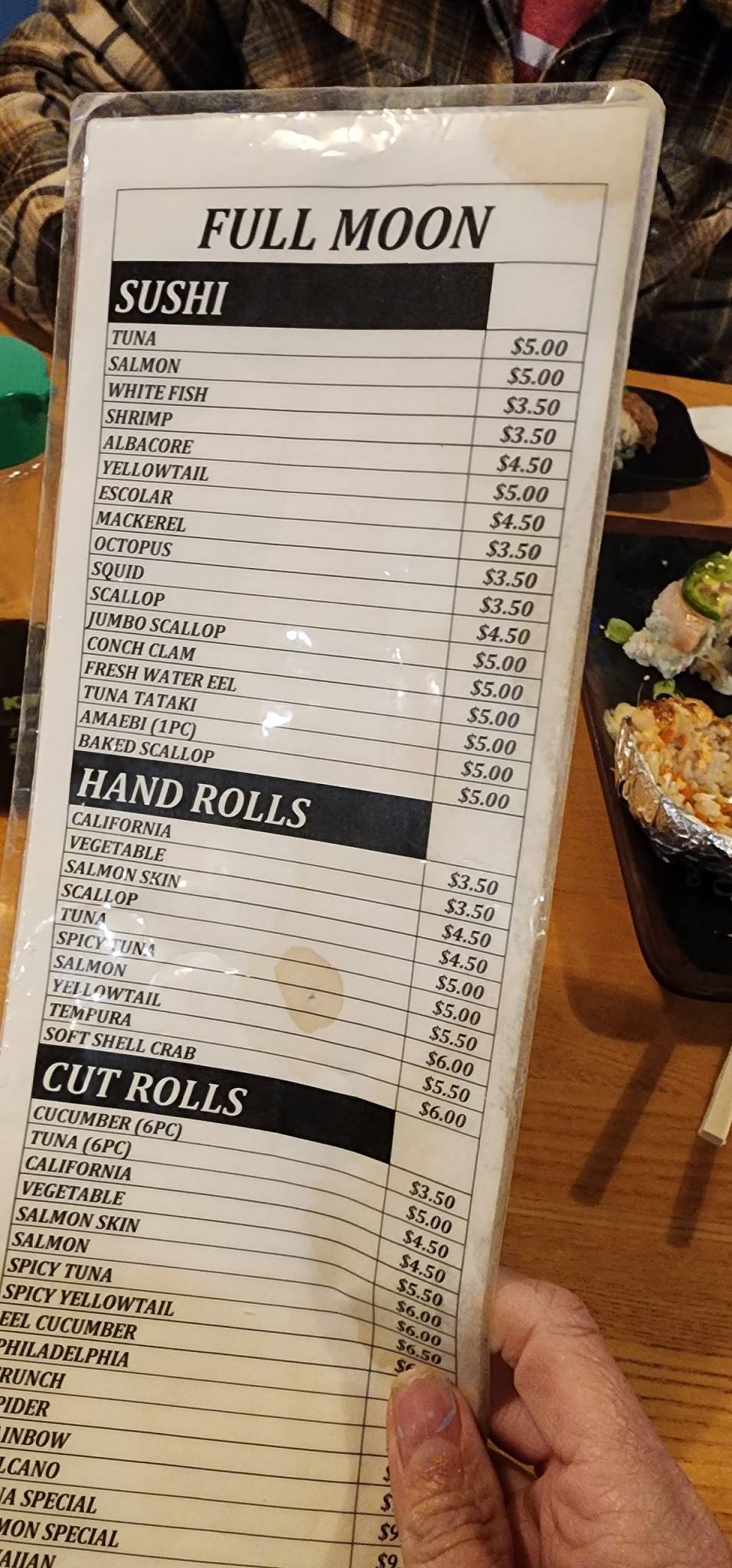Menu at Full Moon Sushi restaurant, San Clemente