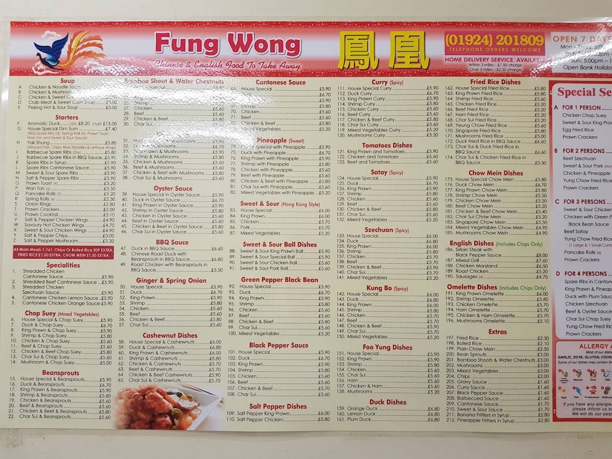 Menu at Fung Wong restaurant, Wakefield