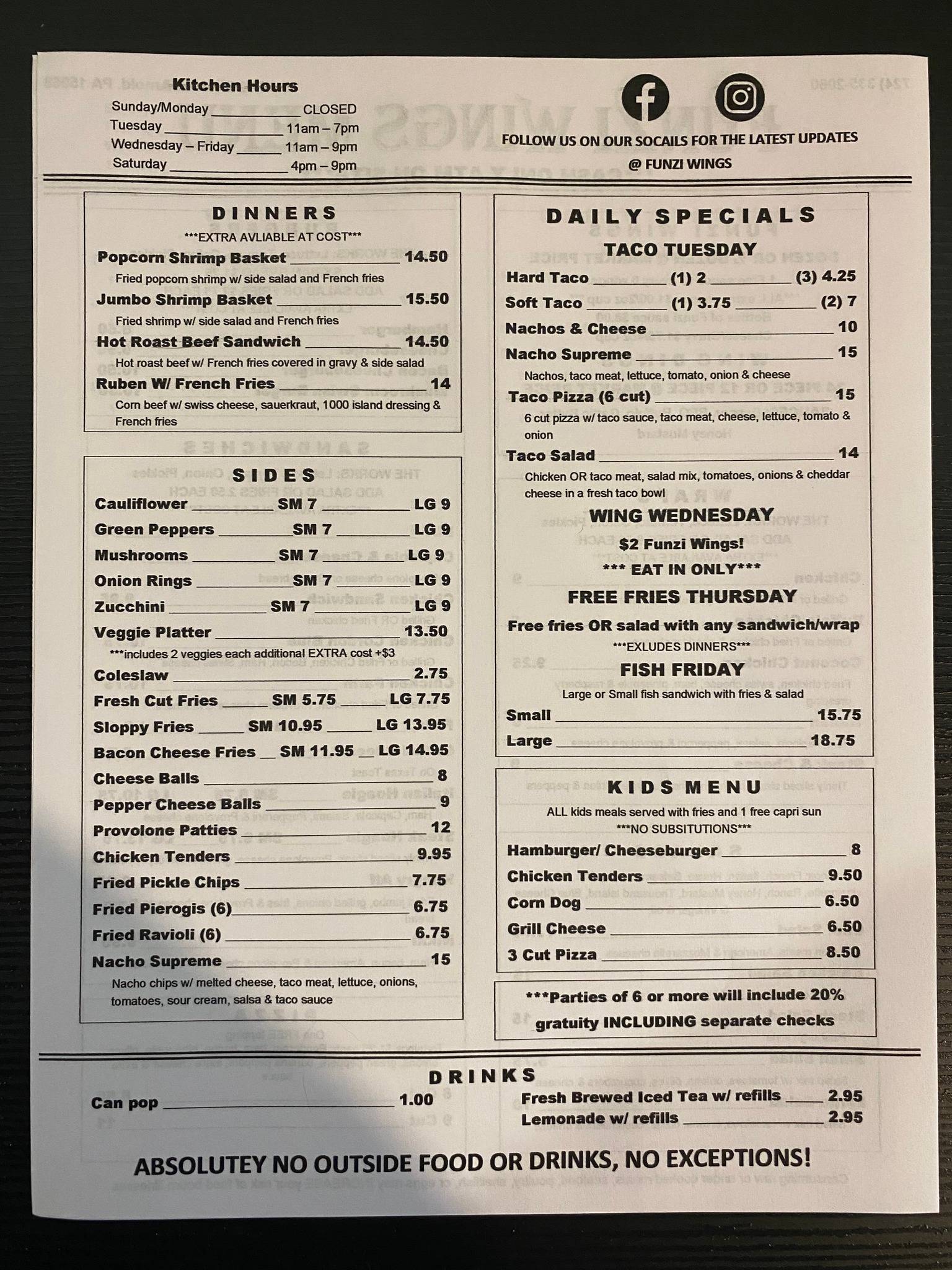 Menu at Funzi Wings restaurant, Arnold