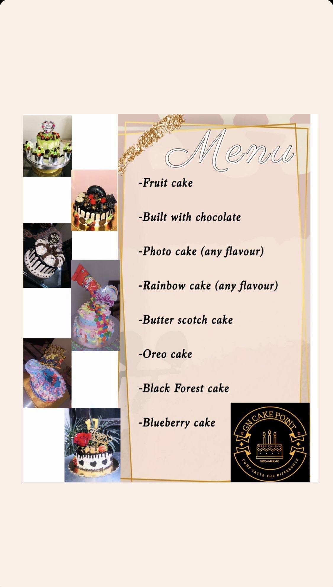 Menu at GN cake point, Ludhiana