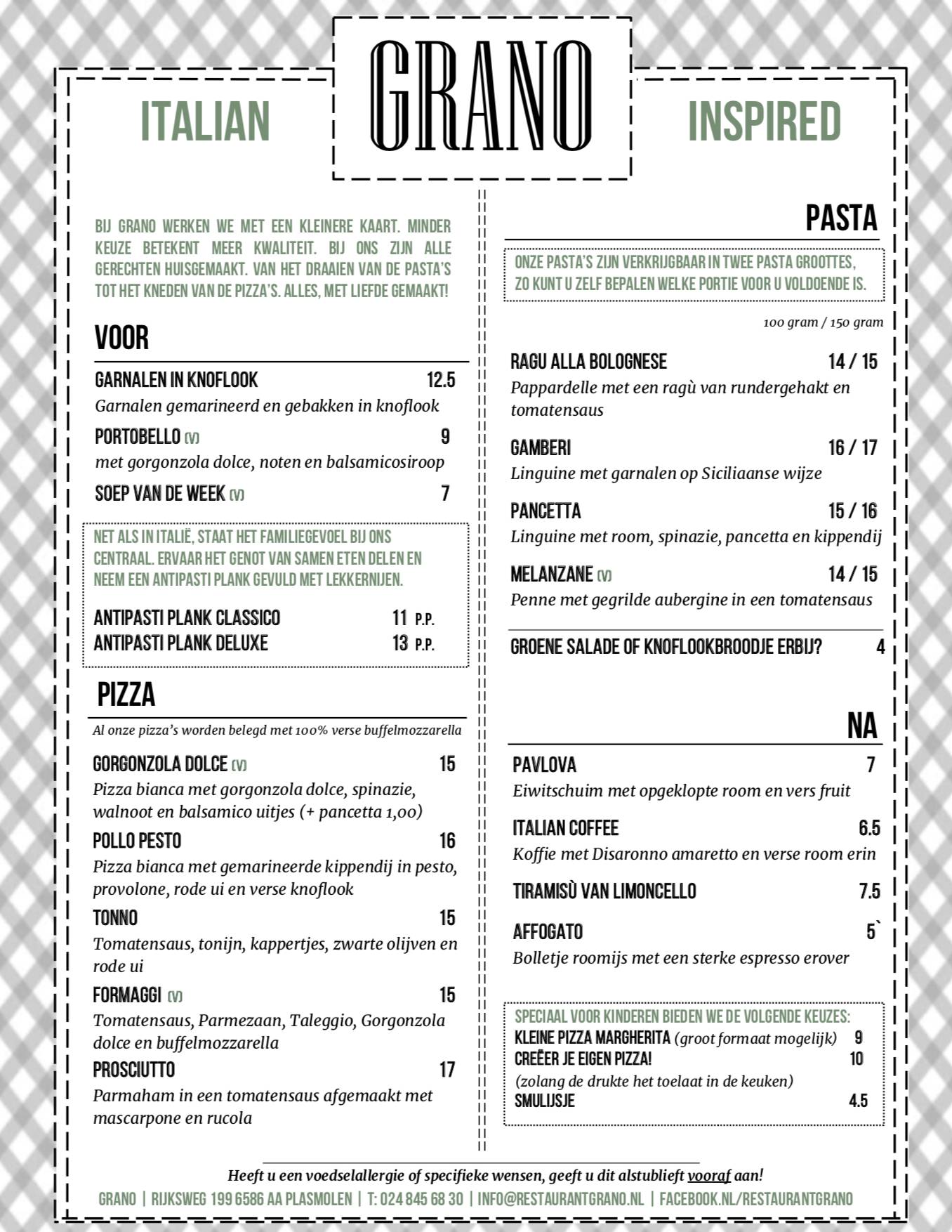 Menu at GRANO, Plasmolen